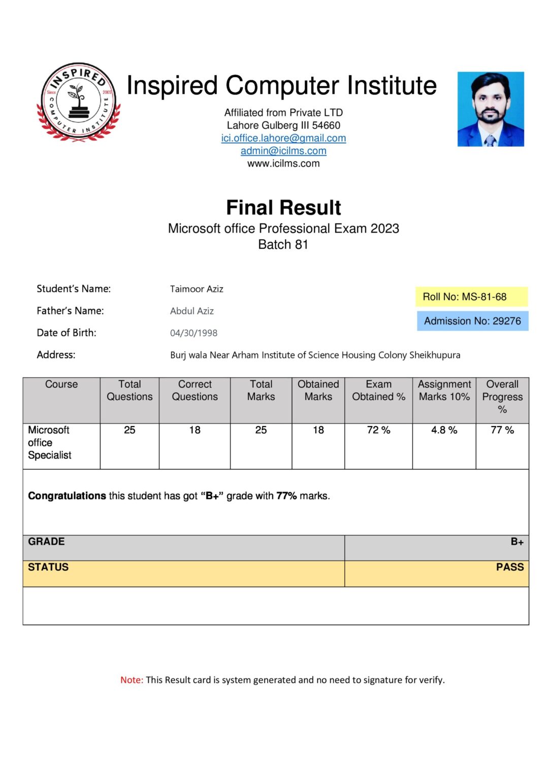 Taimoor Aziz MS-81-68 Final Exam Result 2023 - ICI LMS